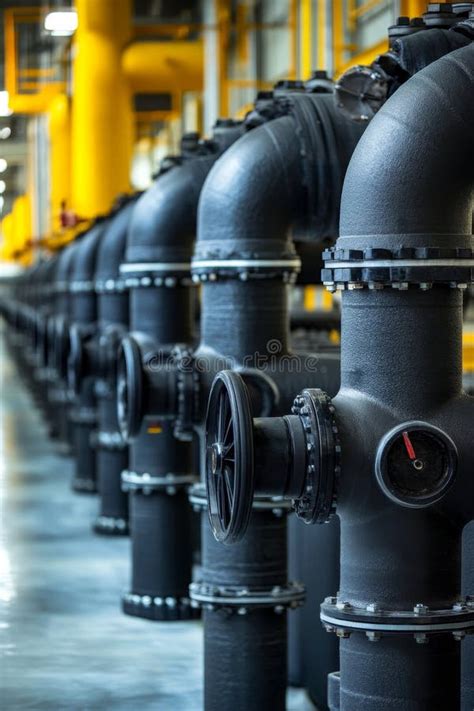 Industrial Pipeline System Factory Interior With Black Pipes Valves And Pressure Gauges Stock