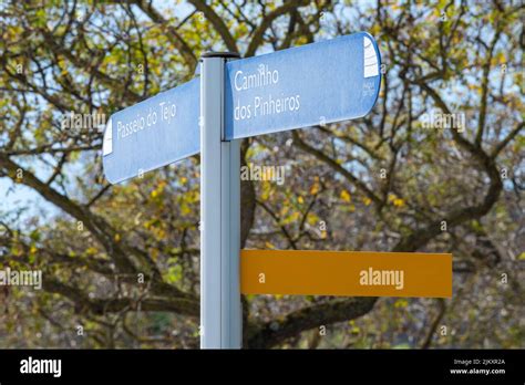A Direction Sign For The Passeio Do Tejo And The Pinheiros Path In Parque Das Nacoes Lisbon