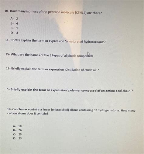 Solved 10 How Many Isomers Of The Pentane Molecule C5h12