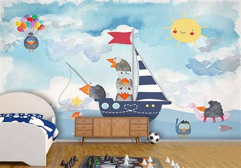 قیمت و خرید پوستر دیواری اتاق کودک طرح کلاغ‌ها در قایق و دریا Cs 1222