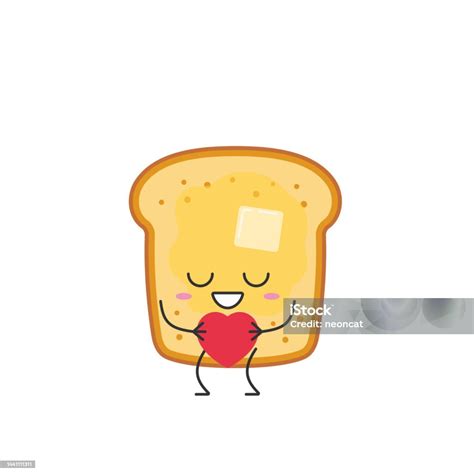귀여운 토스트 캐릭터 만화 버터 사랑 하트 미소 얼굴 쾌활한 카와이 기쁨 행복 한 감정 기호 아침 식사 아이콘 벡터 일러스트 레이 션 카와이에 대한 스톡 벡터 아트 및 기타