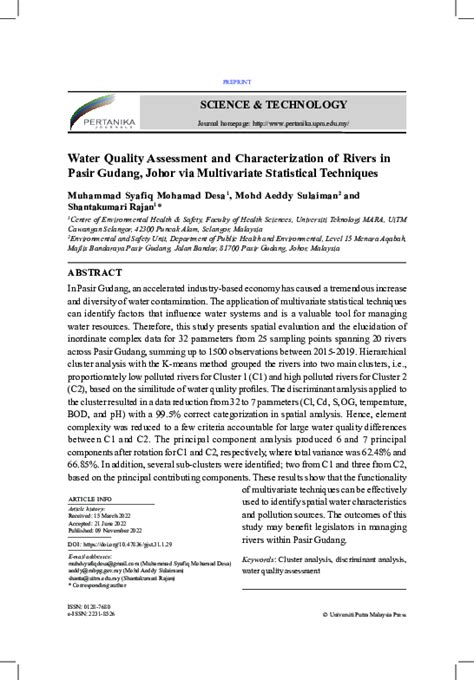 Water Quality Assessment And Characterization Of Rivers In Pasir Gudang Johor Via Multivariate