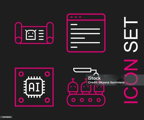 세트 라인 로봇의 산업 생산 마이크로 회로 Cpu 컴퓨터 Api 인터페이스 및 로봇 청사진 아이콘이있는 프로세서 벡터 Cpu에