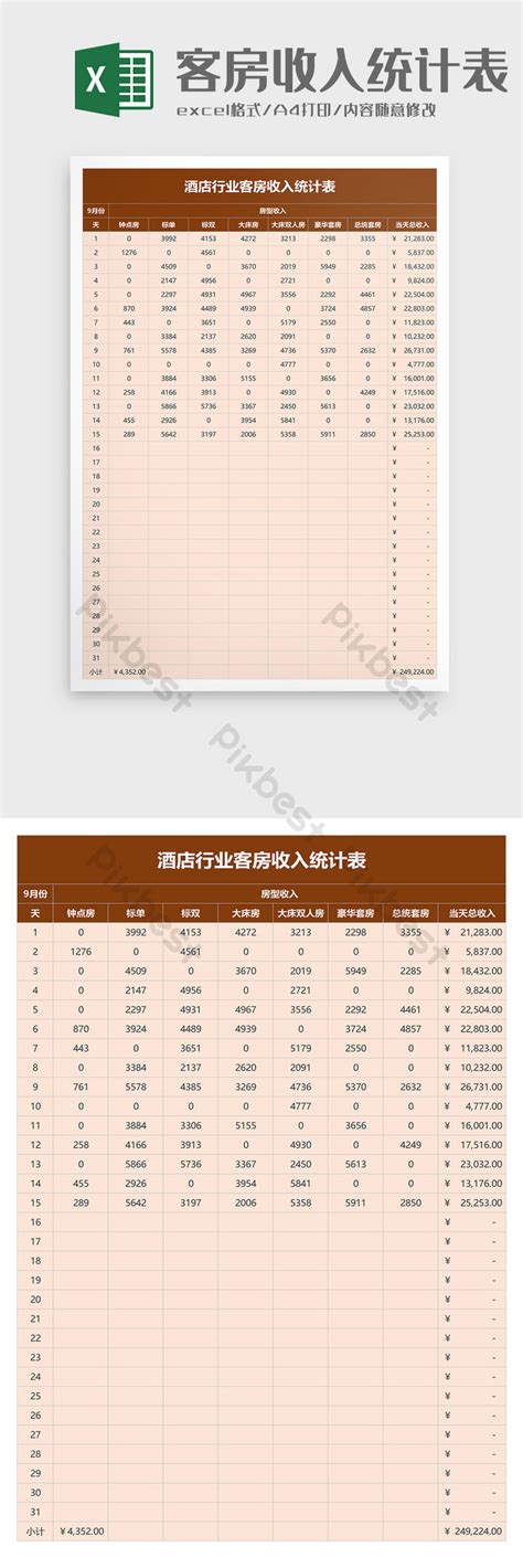 Hotel Industry Room Income Statistics Table Excel Template Excel XLS Template Free Download