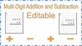 Multi Digit Addition And Subtraction Online Editable TPT