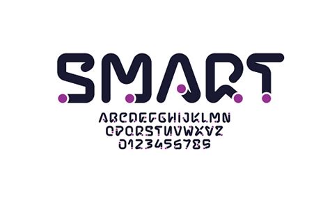 기술 디지털 알파벳 글꼴 A에서 Z까지의 트렌디한 라틴 문자 0에서 9까지의 아랍 숫자 동전 스타일 벡터 일러스트레이션