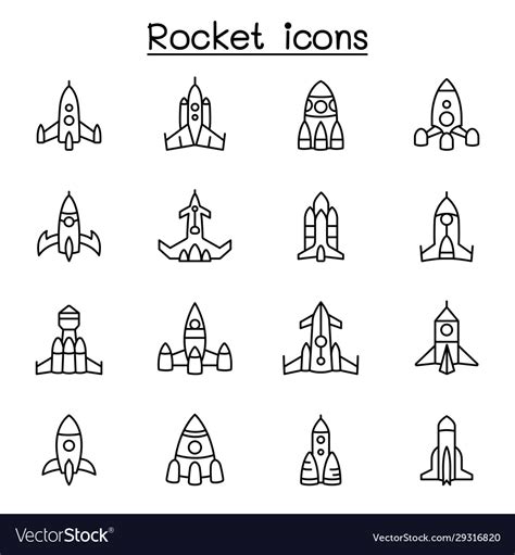 Rocket Spaceship Spacecraft Icon Set In Thin Line Vector Image
