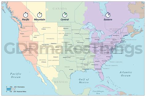 Digital Map Of The Continental United States Showing 4 Time Zones
