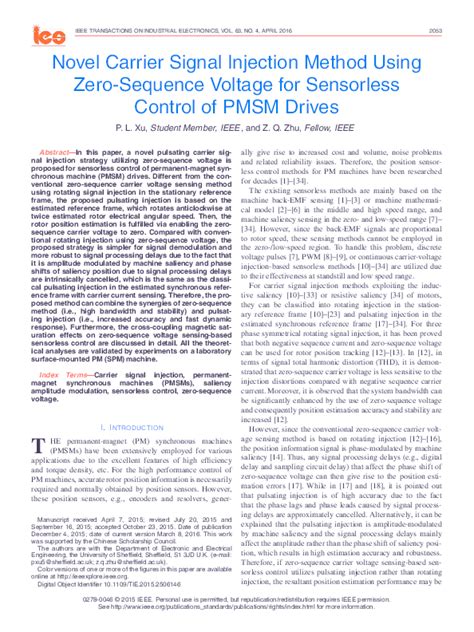Pdf Novel Carrier Signal Injection Method Using Zero Sequence Voltage For Sensorless Control