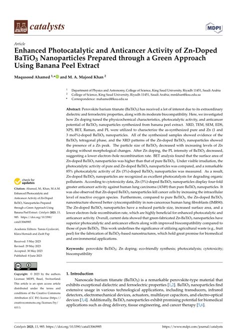 Pdf Enhanced Photocatalytic And Anticancer Activity Of Zn Doped Batio3 Nanoparticles Prepared