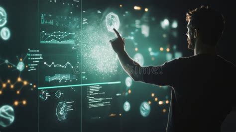 Software Engineer Touching Futuristic Touchscreen Interface With Graphs And Data Visualizations