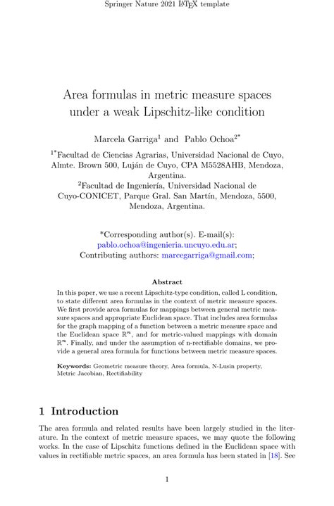 Pdf Area Formulas In Metric Measure Spaces Under A Weak Lipschitz Like Condition