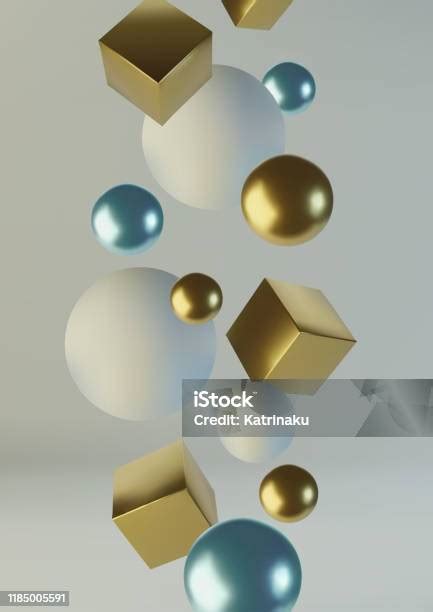 현실적인 구체와 큐브 원시 기하학적 인물의 추상적 배경입니다 3d 황금색과 파란색 공과 상자의 디자인 요소 벡터 일러스트레이션 0명에 대한 스톡 벡터 아트 및 기타 이미지