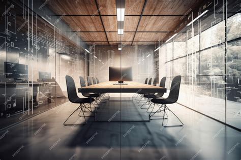 Premium Ai Image Modern Workspace With A Computer On A Long Table Created With Generative Ai