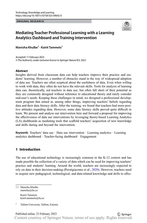 Mediating Teacher Professional Learning With A Learning Analytics Dashboard And Training