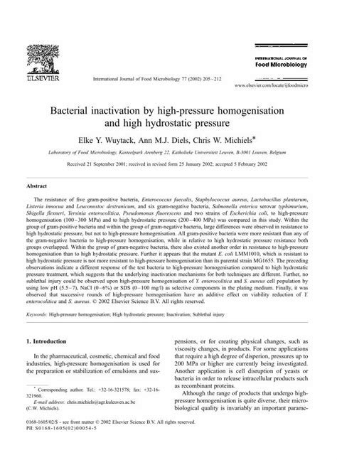 Pdf Bacterial Inactivation By High Pressure Homogenisation And High Hydrostatic Pressure