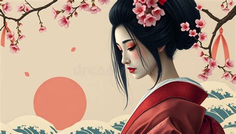 Vintage Ukiyo E Inspired Geisha Illustration Stock Illustration