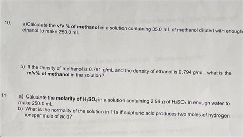 Solved Acalculate The Vv Of Methanol In A Solution