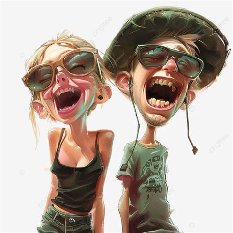 과장된 이미지극단 캐리커처 커플소녀는 선글라스와 검은색 짧은 티셔츠를 입고 소년은 짙은 녹색 모자를 착용합니다 선글라스와 연두색 셔츠를 사실적인 과장된 표정의 스타일로 웃고