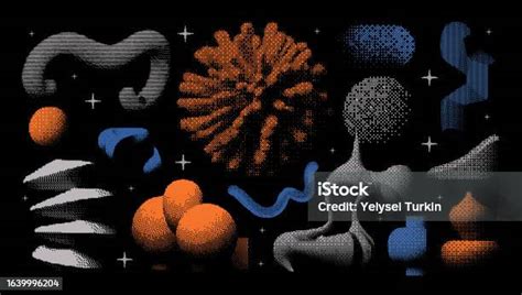 추상적인 기하학적 요소 디더링 하프톤 Stipplism 효과가 있는 범용 3d 비트맵 모양 미니멀리즘 스타일 포스터 배너 명함 옷 그래픽 검은색 배경에 격리 원형에 대한