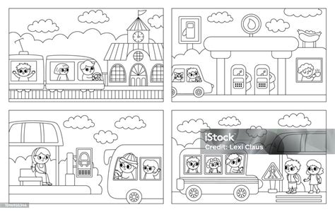 벡터 흑백 교통 장면이 설정되었습니다 다른 교통 수단을 운전하는 귀여운 라인 아이들 수평 풍경 또는 철도 주유소에서 소년과