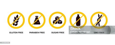 아이콘 세트 글루텐 프리 Gmo 프리 설탕 프리 파라벤 프리 락토오스 프리 제품 포장 라벨 벡터 그림 꽃가루에 대한 스톡 벡터 아트 및 기타 이미지 Istock