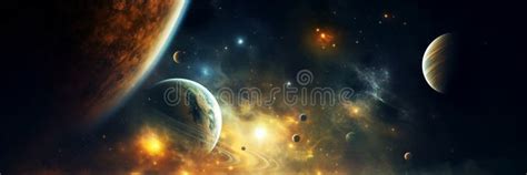 Vibrant Outer Space Banner With Planets Stars And Nebulae Panoramic