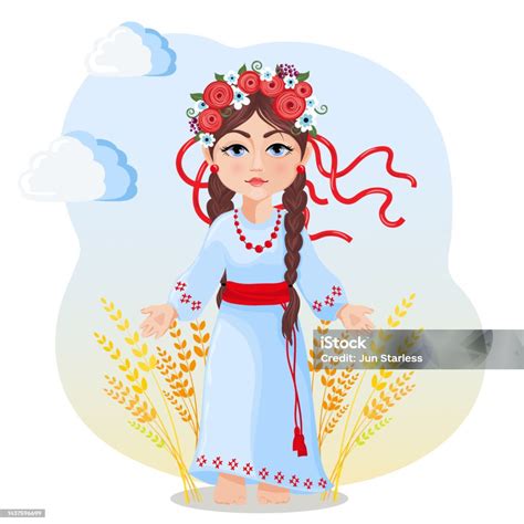 밀과 하늘의 국가 상징이 있는 배경에 전통적인 우크라이나 옷을 입은 소녀 전쟁을 멈춰라 우크라이나의 국가 노란색과 파란색 색상의 벡터 그림입니다 사람들에 대한 스톡 벡터