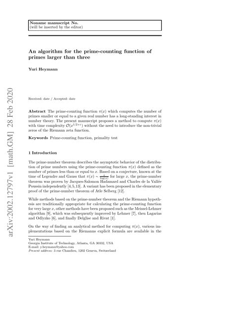 PDF An Algorithm For The Prime Counting Function Of Primes Larger Than Three