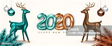 새해 복 과 메리 크리스마스 현실적인 3d 사슴과 2020 텍스트 축제 배너 금 순록과 Xmas 녹색 금속 배너 엽서 웹 사이트에 대한 벡터 휴일 그림입니다 0명에 대한