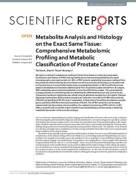 Pdf Metabolite Analysis And Histology On The Exact Same Tissue Comprehensive Metabolomic