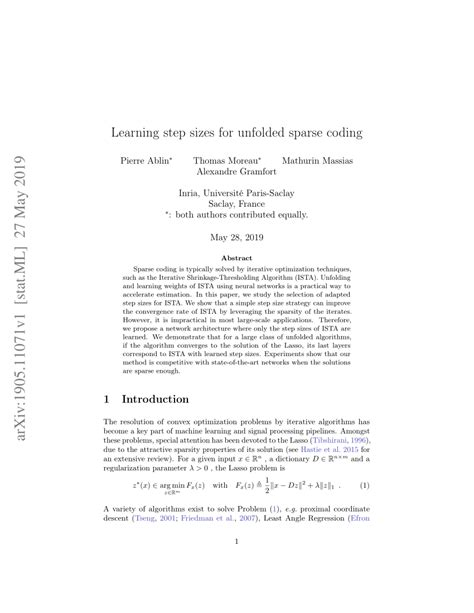 pdf learning step sizes for unfolded sparse coding