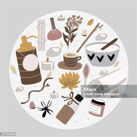 아로마와 돌 테라피 바디 케어 뷰티 살롱 웰니스 센터 휴식 건강 태국 마사지 명상을위한 스파 요소 세트 손으로 그린 낙서 컬렉션 다채로운 벡터 일러스트레이션입니다 0명에