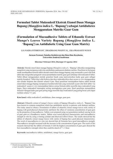 Pdf Formulation Of Mucoadhesive Tablets Of Ethanolic Extract Mangos Leaves Variety Bapang