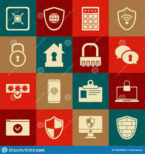 Set Shield With Cyber Security Brick Wall Laptop And Lock Protection Of Personal Data