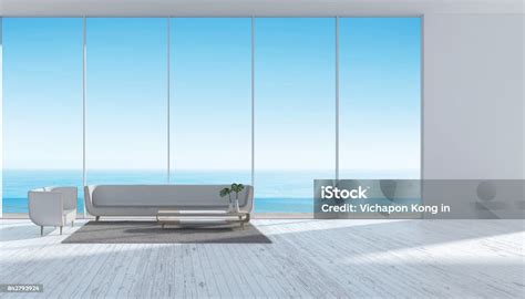 현대 거실 화이트 나무 층 파노라마 바다 보기 여름 3d 렌더링 0명에 대한 스톡 사진 및 기타 이미지 0명 3차원 형태 가구 Istock