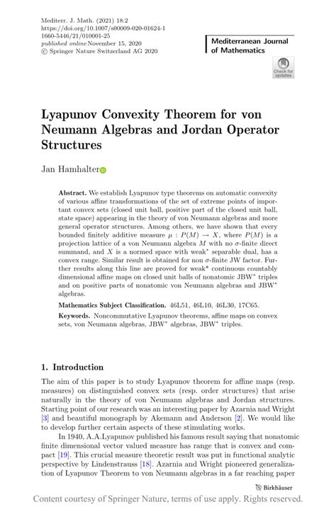 Lyapunov Convexity Theorem For Von Neumann Algebras And Jordan Operator Structures Request Pdf