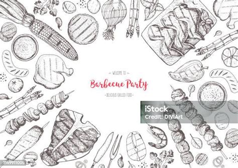 구운 고기와 야채 톱 뷰 프레임 벡터 일러스트입니다 새겨진 디자인 손으로 그린 그림입니다 그릴 레스토랑 메뉴 디자인 서식 파일입니다 그릴에 음식 바비큐에 대한 스톡 벡터