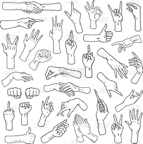手势 手臂停止，手掌，大拇指向上，食指，好的，像和祈祷或握手，拳头和和平或摇滚。雕刻手绘老素描风格，