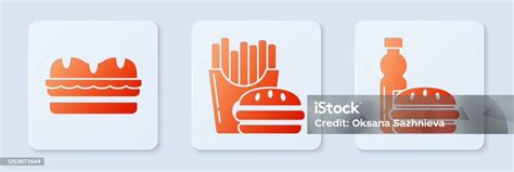 상자 패키지 상자 샌드위치와 물병과 햄버거에 버거와 감자 튀김을 설정합니다 흰색 정사각형 버튼 벡터 감자 요리에 대한 스톡 벡터 아트 및 기타 이미지 Istock