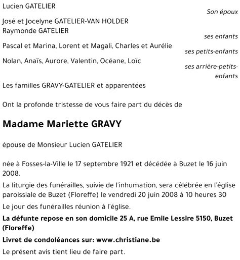 Avis De Décès De Mariette Gravy Décédé Le 16 06 2008 à Buzet Annonce