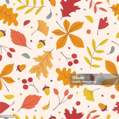 벡터 아름다운 다채로운 가을 자연 이음새가 없는 패턴과 단풍잎 도토리 열매 계절 가을 배경 10월에 대한 스톡 벡터 아트 및 기타 이미지 Istock
