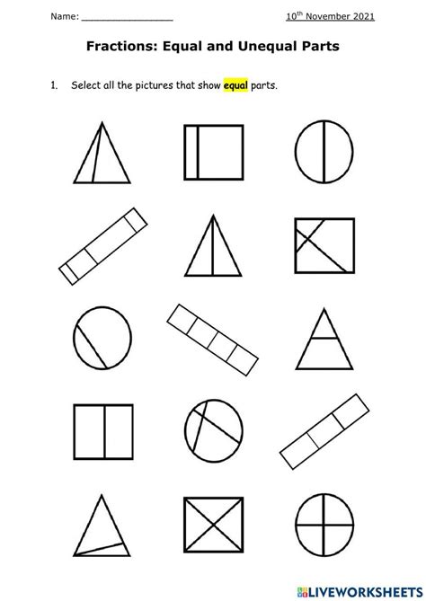 Fractions Equal And Unequal Parts Online Exercise For Live Worksheets
