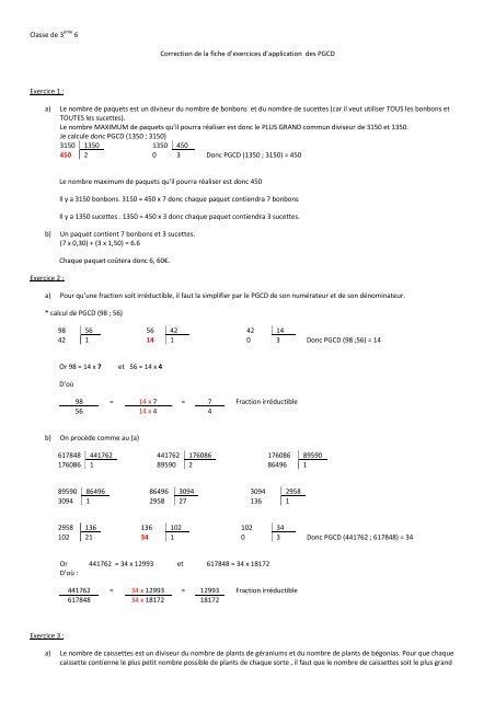 Correction Des Exercices Dapplication Du Pgcd