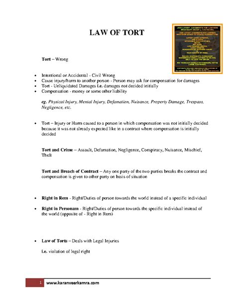 Law Of Tort A Brief Notes On Torts LAW OF TORT Tort Wrong Intentional Or Accidental