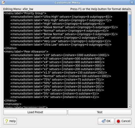 Bandwidth Customize Menu Tixati