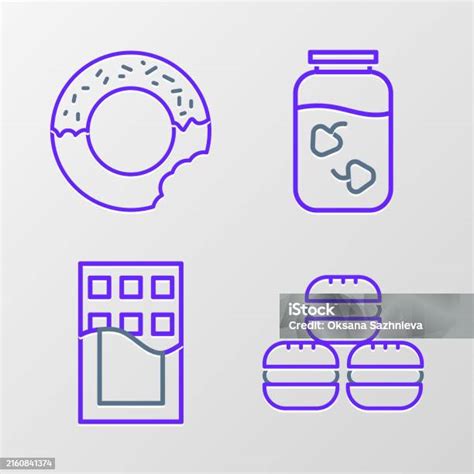 라인 마카롱 쿠키 초콜릿 바 딸기 잼 항아리 및 도넛 아이콘을 설정합니다 벡터 건강한 생활방식에 대한 스톡 벡터 아트 및 기타 이미지 건강한 생활방식 과일 다이어트