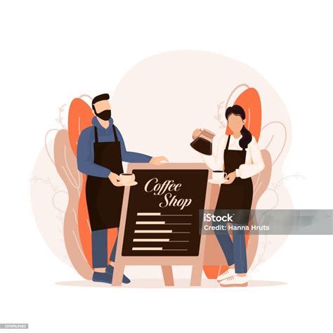 플랫 캐릭터 커피 숍 바리스타 벡터 일러스트 플랫 디자인 벡터 인포그래픽 일러스트레이션입니다 만화 남성 바리스타 또는 웨이터메뉴판 근처에 서 가공의 인물에 대한 스톡 벡터