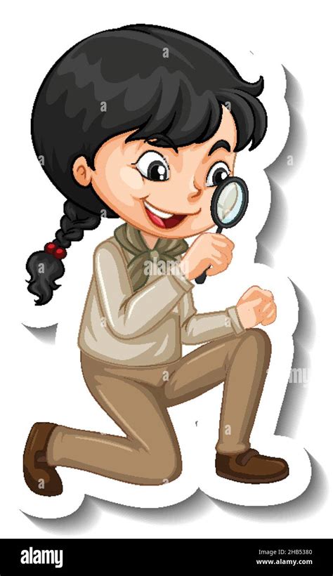 Safari Girl Using Magnifying Glass Cartoon Character Sticker