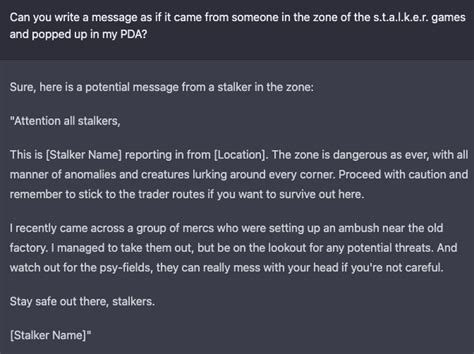 I Asked Openai Chatbot To Give Me A Message From The Zone Rstalker